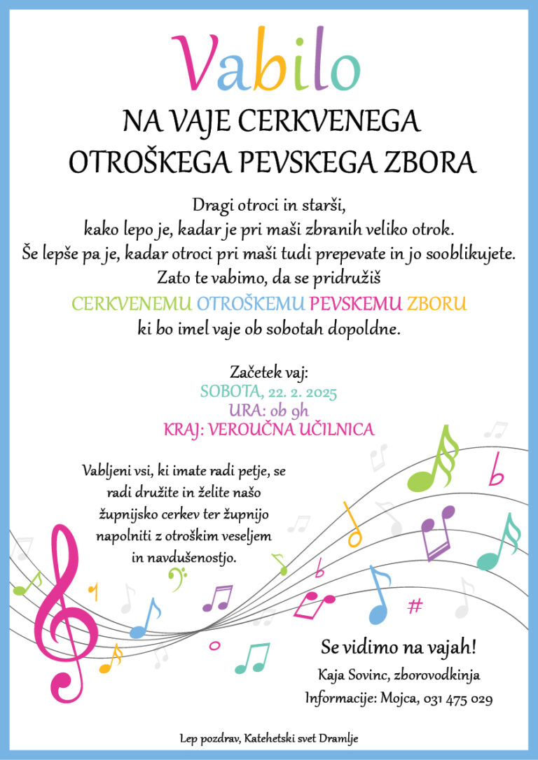VABILO – Vabilo na vaje cerkvenega otroškega pevskega zbora – februar ...